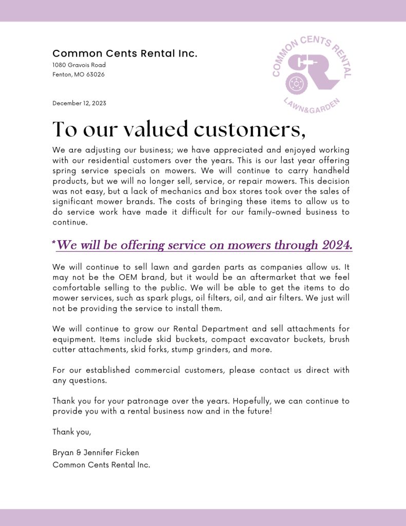 Service Department – Common Cents Rental